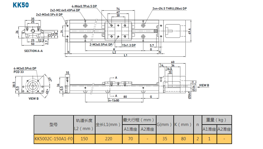 上银模组KK5002C-150A1-F0,台湾上银直线导轨_HIWIN导轨滑块_上银滚珠丝杆_上银KK模组 - 上海朋升传动科技有限公司